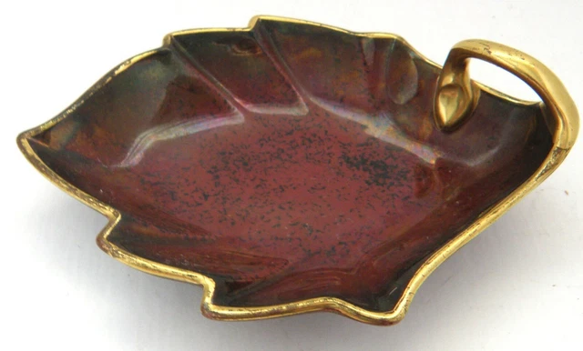 RARE 1930S CROWN Devon Rouge Royale Leaf Serving Dish Gold Gilt Loop ...