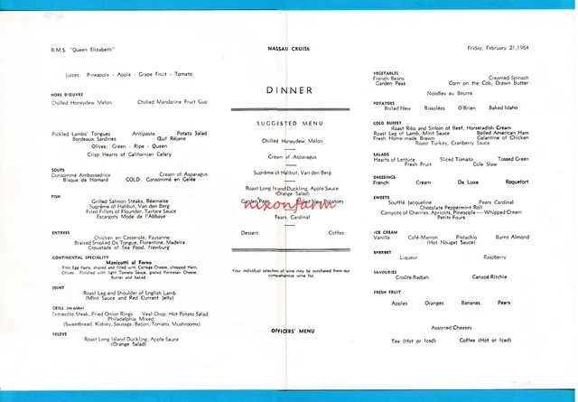ORIGINAL CUNARD LINE RMS QUEEN ELIZABETH Dinner MENU Nassau EUR 2,34 ...