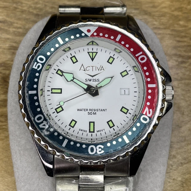 NOS NEW ACTIVA Swiss White Dial Pepsi Bezel Date Stainless Steel Men's ...