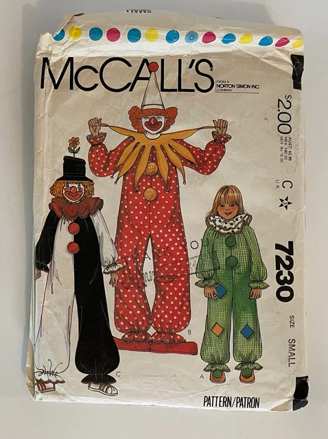 VINTAGE MCCALL'S ADULT Clown Halloween Costume Sewing Pattern Size ...