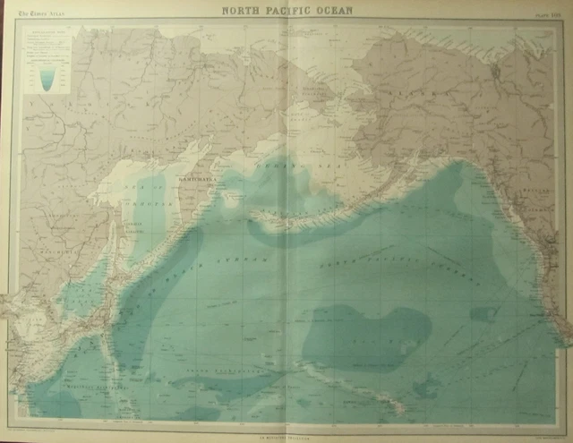 1922 LARGE ANTIQUE Carte ~ Nord Pacific Océan ~ Alaska Sibérie Vapeur ...
