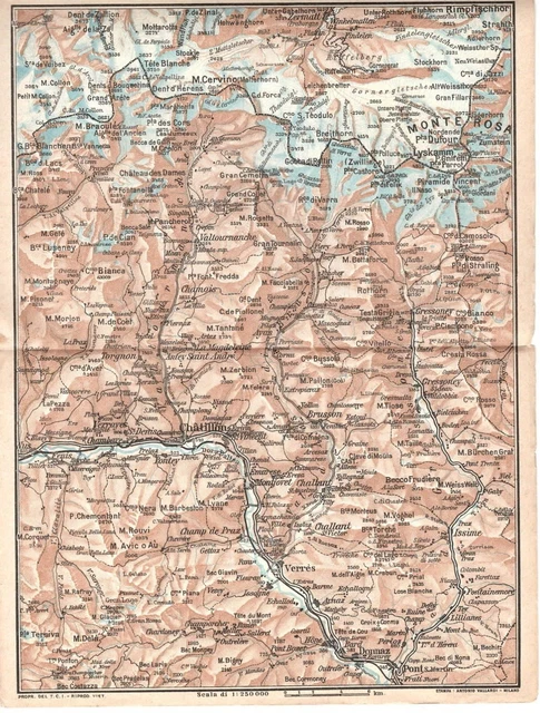 CARTA GEOGRAFICA ANTICA AOSTA GRESSONEY MONTE ROSA CERVINO TCI 1923 ...