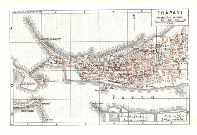 CARTA GEOGRAFICA ANTICA TRAPANI pianta della città del TCI 1940 Antique ...