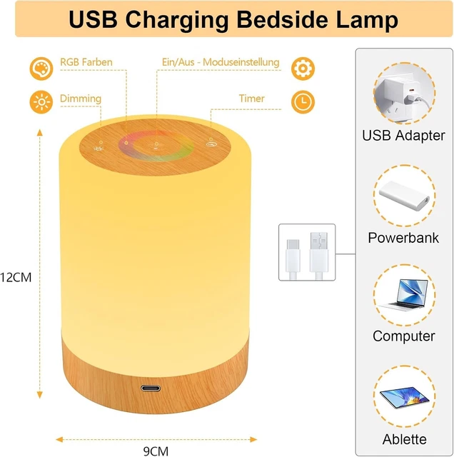LED TOUCH LAMP w/ Timer | RGB Changing, Memory, 1500mAh USB ...