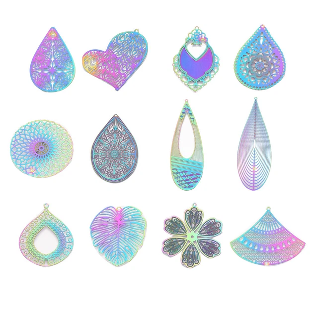 50PCS MULTI-COLOR 201 Stainless Steel Filigree Pendants Dangle Charms ...