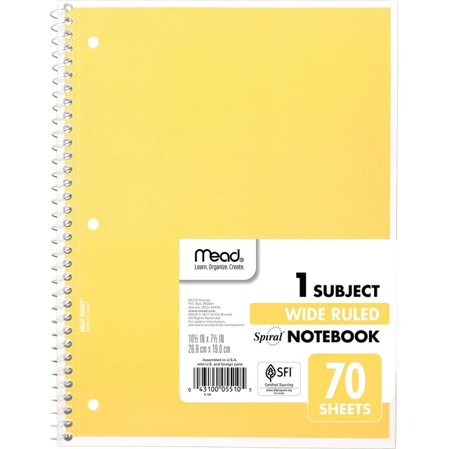 MEAD SPIRAL NOTEBOOK 1 Subject Wide Ruled 70 Sheets 10 12 x 7 12 Yellow ...
