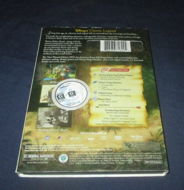DISNEY'S ROBIN HOOD Most Wanted Edition (DVD, 2006, Canadian) w ...