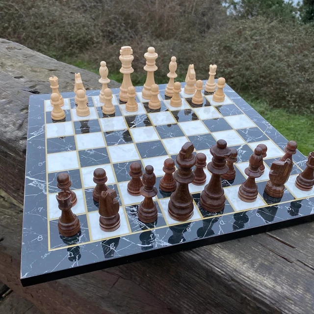 LARGE CHESS SET Handmade Marble Pattern Wooden Chess Board Carved Chess ...