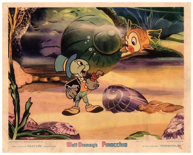 PINOCCHIO WALT DISNEY Animation 1940 Original Lobby Card Jiminy Cricket ...