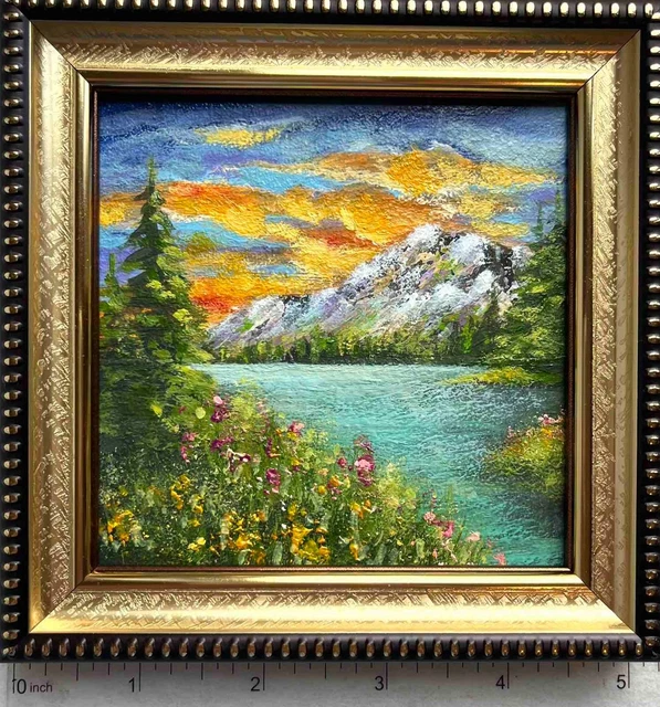 SUNSET ORIGINAL OIL Painting Landscape Mountain Lake and Trees Wall Art ...
