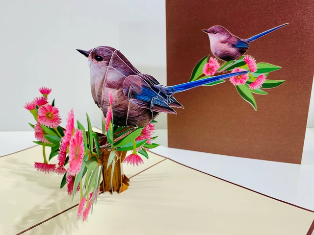ORIGAMI POP CARDS Pretty Blue Wren Bird 3D Pop Up Greeting Card Happy ...
