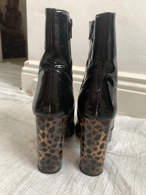 OFFICE BLACK PATENT Block Heel Ankle Boots With Perspex Leopard Print ...