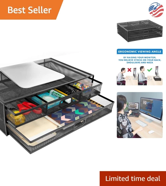SPACE-SAVING COMPUTER MONITOR Stand with Drawers - Metal Mesh Riser ...