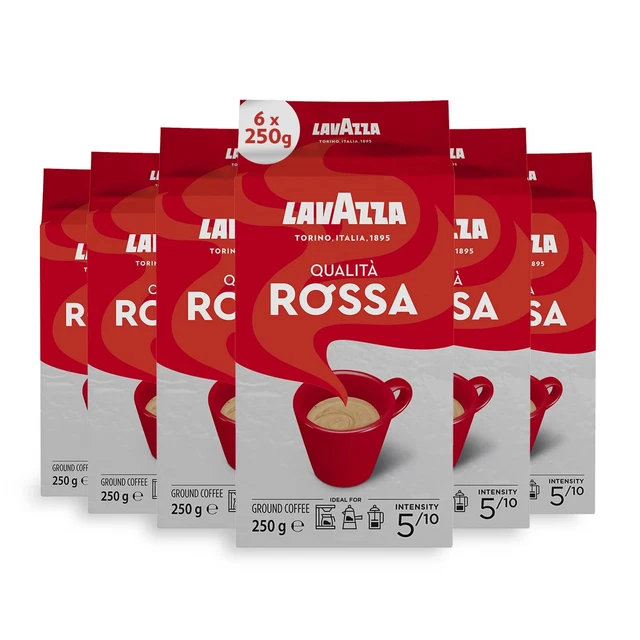 LAVAZZA, QUALITÀ ROSSA, Ground Coffee, 6 x 250 g, Ideal for Moka Pots ...