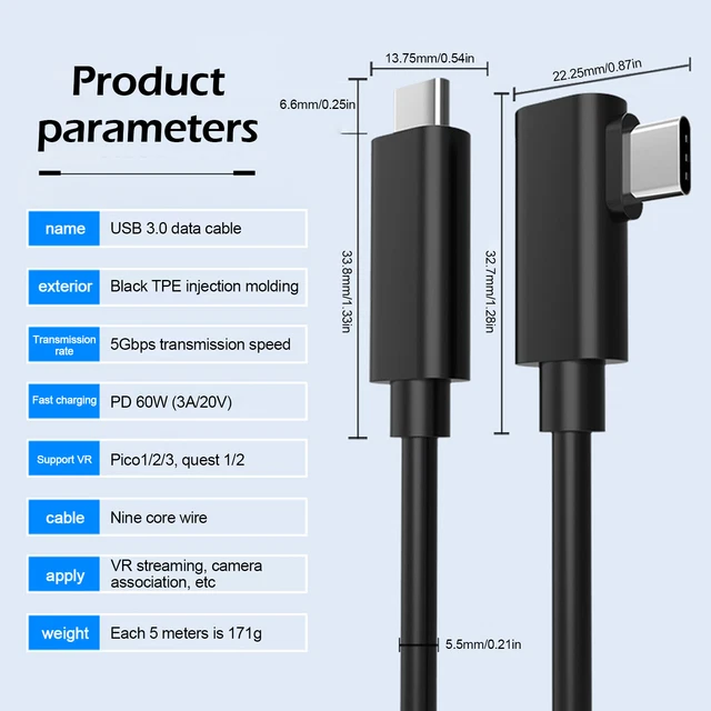 TYPE C CABLE For Oculus Quest 2 Link 5M USB 3.2 Cable Data Line Steam ...