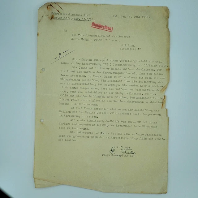 WW2 GERMAN KRIEGSMARINE officer training letter navy document Kiel ...