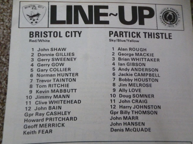 BRISTOL CITY V Partick Thistle Tuesday 27Th September 1977 Anglo ...