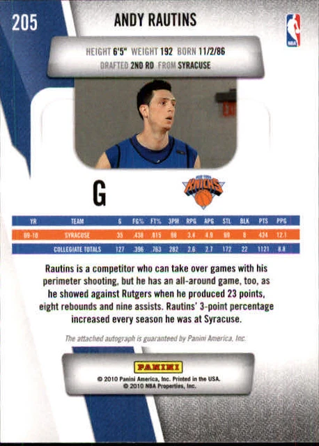 CARTE DE BASKETBALL 2010-11 Prestige New York Knicks #205 recrue Andy ...