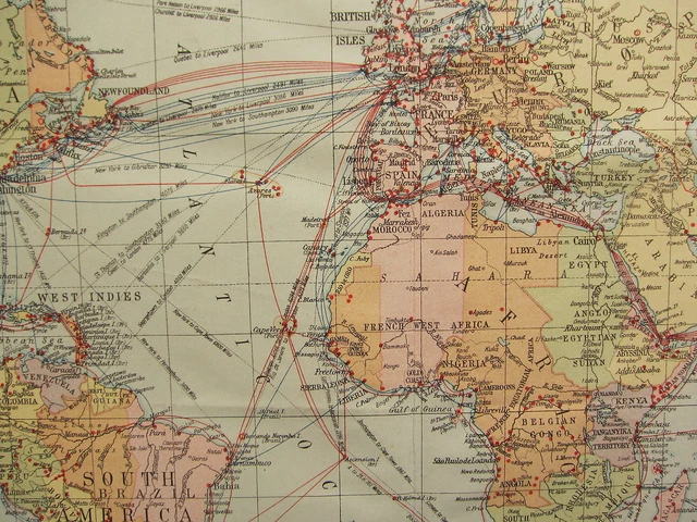 1919 LARGE MAP ~ THE WORLD TIME ZONES CABLES & WIRELESS STATIONS ...