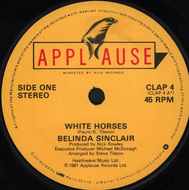 BELINDA SINCLAIR WHITE Horses 7" vinyl UK Applause 1981 in plain sleeve ...