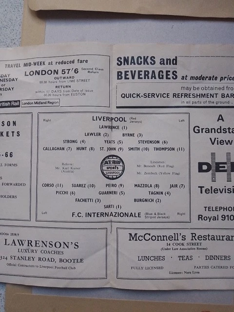 LIVERPOOL VS INTER Milan European Cup Semi Final 4/5/65 £8.65 - PicClick UK