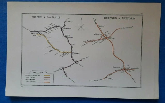 1910 RAILWAY CLEARING HOUSE Junc Diagram No.15 CHAPPEL/HAVERHIL/RETFORD ...