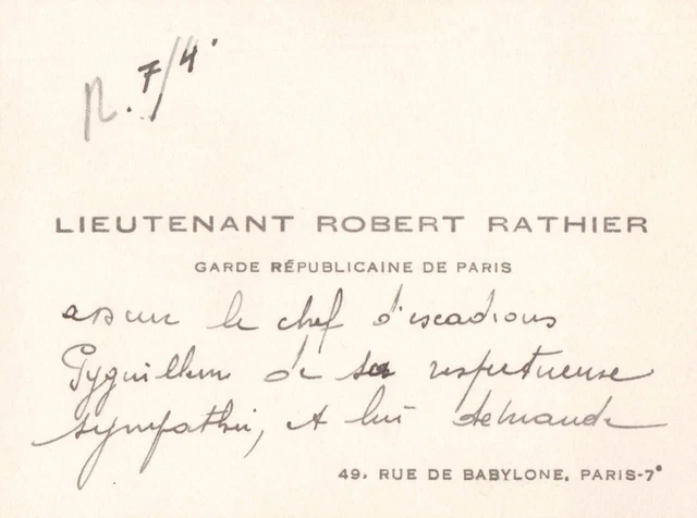 ANCIENNE CARTE DE Visite Militaire Lieutenant Robert Rathier Garde ...