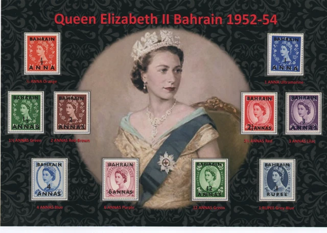 NICE DISPLAY OF Queen Elizabeth Ii 1952-54 Bahrain Set Mint Vlmm #1 £10 ...