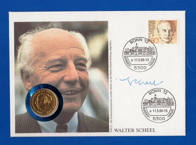 WALTER SCHEEL ** Numisbrief Mit 2 Dm + Original Unterschrift Walter ...