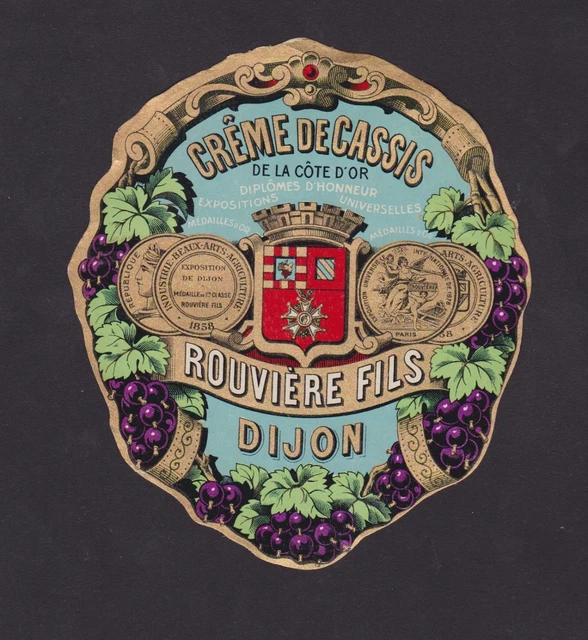 ANCIENNE ÉTIQUETTE GLACÉE Alcool France BN40279 Crème de Cassis Dijon ...