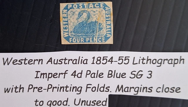 1854 WESTERN AUSTRALIA 4d pale blue Swan stamp Pre Printing folds ...