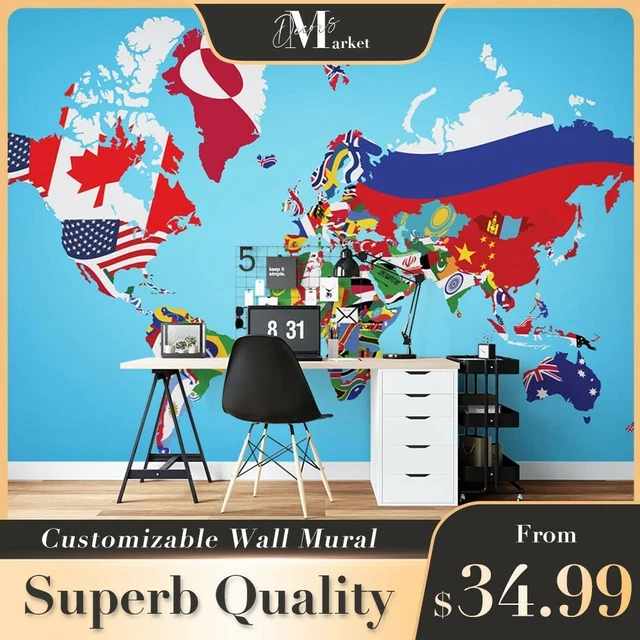 FLAG MAPS WORLD Map Colorful 3D Wall Mural Designer Australia Wallpaper Murals $119.99 - PicClick AU