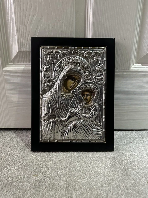 CLARTE BYZANTINE ICON Madonna With Child Pure Silver 925 Framed Hanging ...