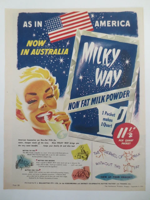 VINTAGE AUSTRALIAN ADVERTISING 1954 ad MILKY WAY MILK POWDER packet ...