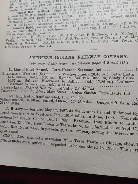 1906 TRAIN ROUTE Map + Report SOUTHERN INDIANA RAILROAD Seymour ...