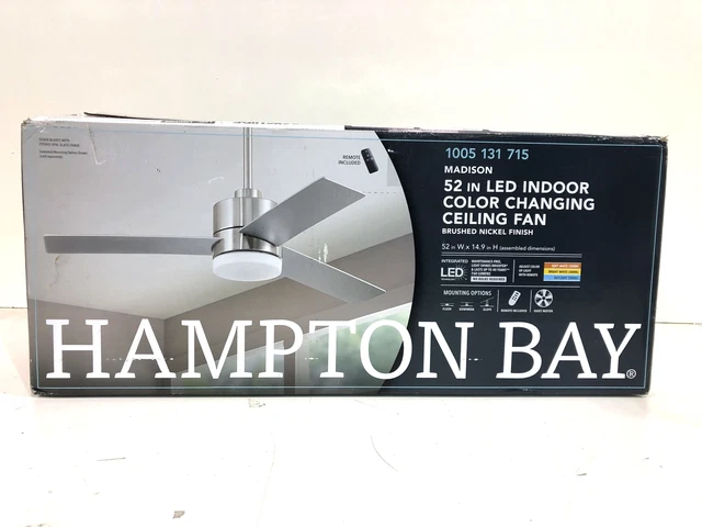 HAMPTON BAY MADISON 52 in. LED Brushed Nickel Indoor Ceiling Fan New ...