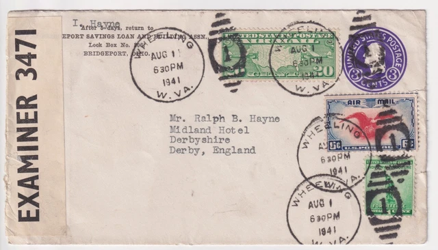 WW2 UNITED STATES WHEELING W. VA 30c Airmail Cover to Derby Censored ...