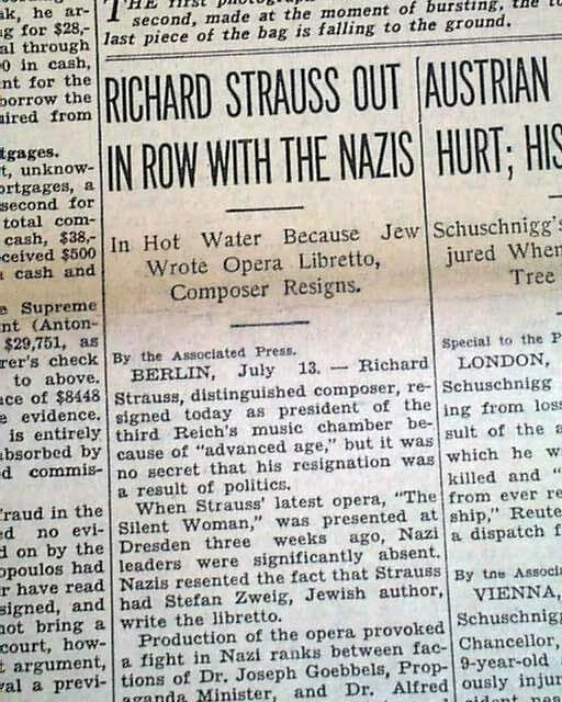 RICHARD STRAUSS & Nazis Nazi Germany re JEWS Jewish Writing Opera 1935 ...