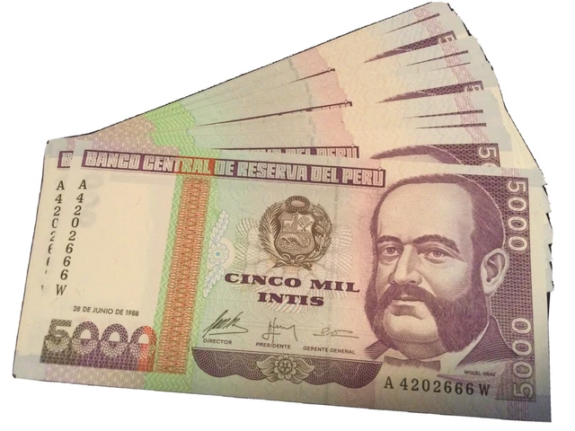 1988 PERU 5000 INTIS BANKNOTE MADE IN MINICH UNC. PERU Paper Money $1. ...