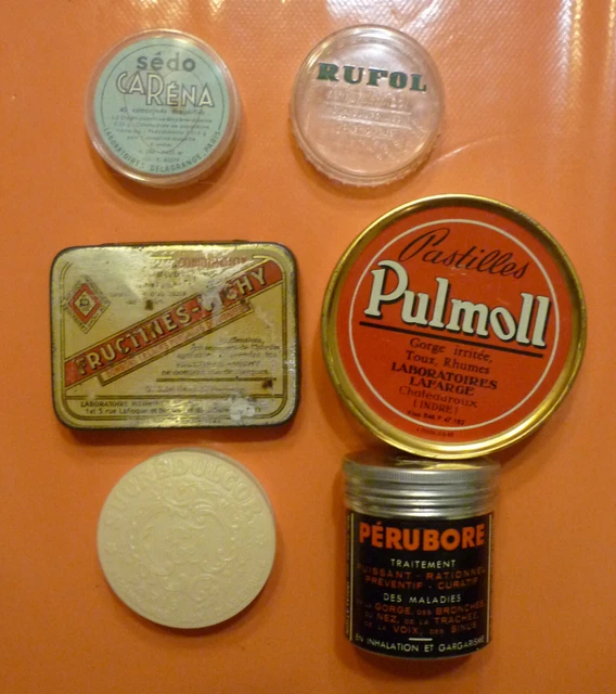 VINTAGE 6 BOÎTES de pharmacie PERUBORE CARENA RUFOL SUCREDULCOR VICHY ...