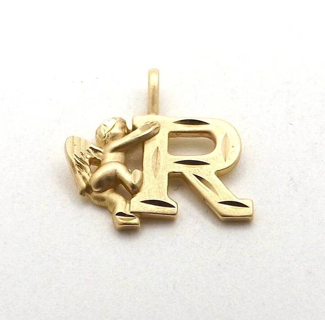 14K GOLD LETTER R Guardian Angel Baby Cherub Charm Pendant Michael ...