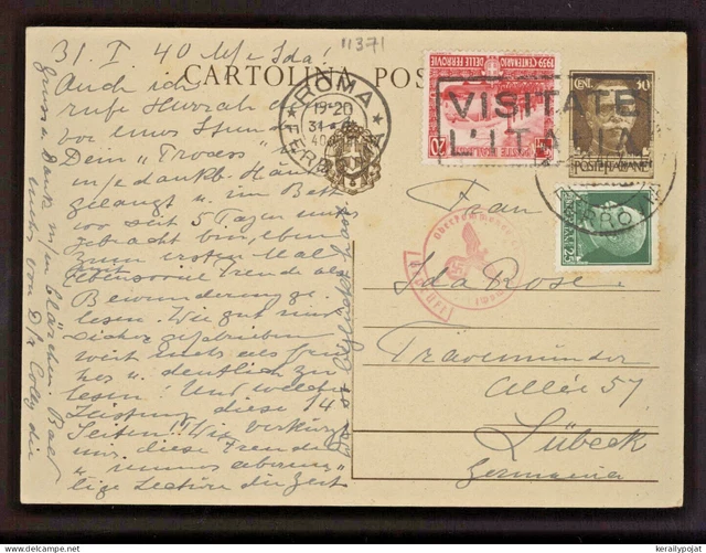 ITALY 1940 CARTOLINA POSTALE PER LUBECCA CENTENARIO FERROVIE 20 CENT ...