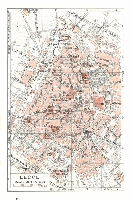 CARTA GEOGRAFICA ANTICA LECCE pianta della città TCI 1940 Antique map ...