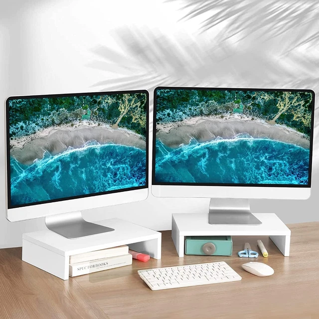 TEAMIX DUAL MONITOR/LAPTOP Stand Riser w/ Adjustable 2 Tier Wood for ...