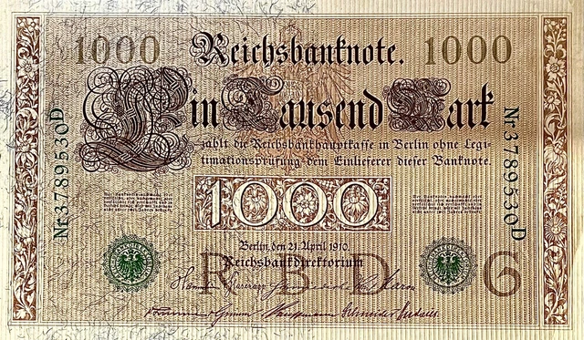GERMANY 1000 MARK 1910 WWI Period EF (Xtra Fine)Banknote Rare Green ...