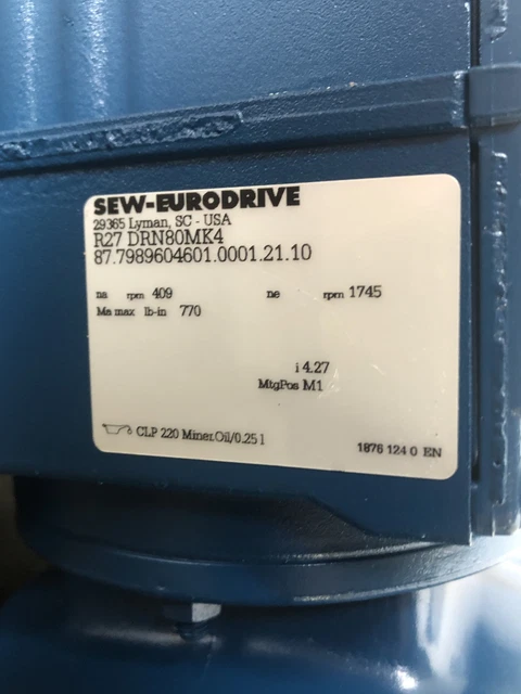 SEW-EURODRIVE R27 DRN80MK4 Gearmotor 1745/409RPM 0.75HP 3PH 230/460V 2. ...