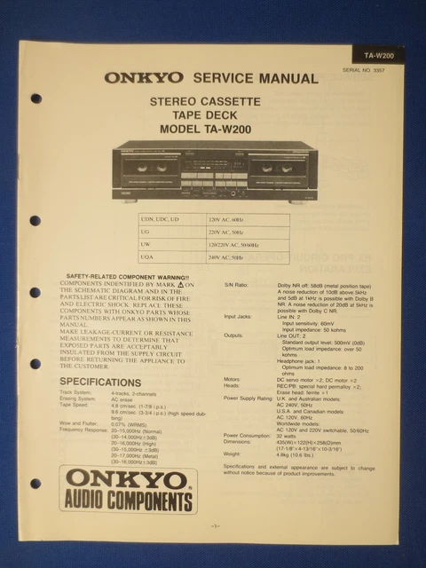 ONKYO TA-W200 CASSETTE Service Manual Original Factory Issue The Real ...