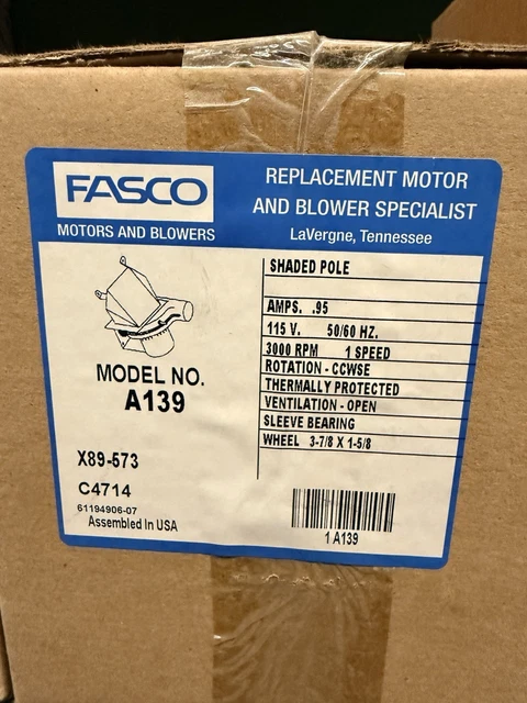 FASCO A139 - Draft Inducer Motor (115V) Replaces: Rheem 7021-7577 $445. ...