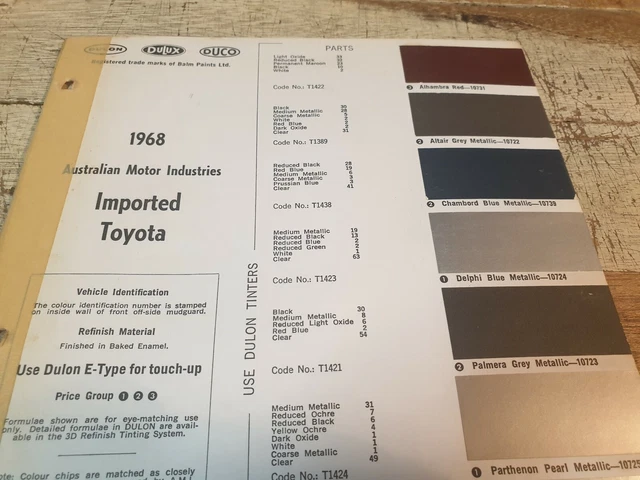 1968 TOYOTA ORIGINAL Dulux Australia PAINT CHIP Sheet Corolla Corona ...
