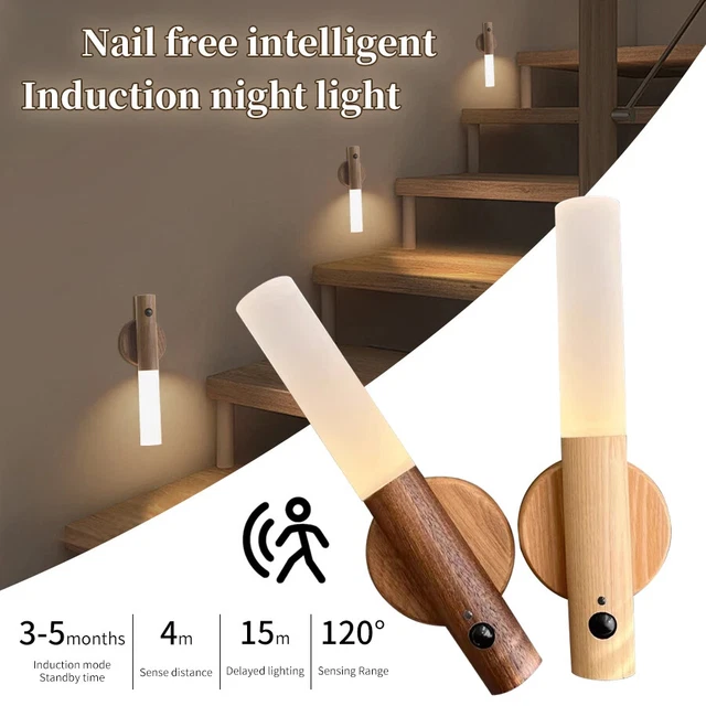 HUMAN BODY INDUCTION Night Light Magnetic Motion Sensor Wood Wall Lamp ...
